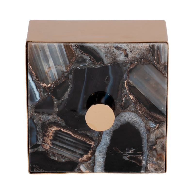 Metal 6" Trinket Box with Agate Lid - Gold and Black - The Brick