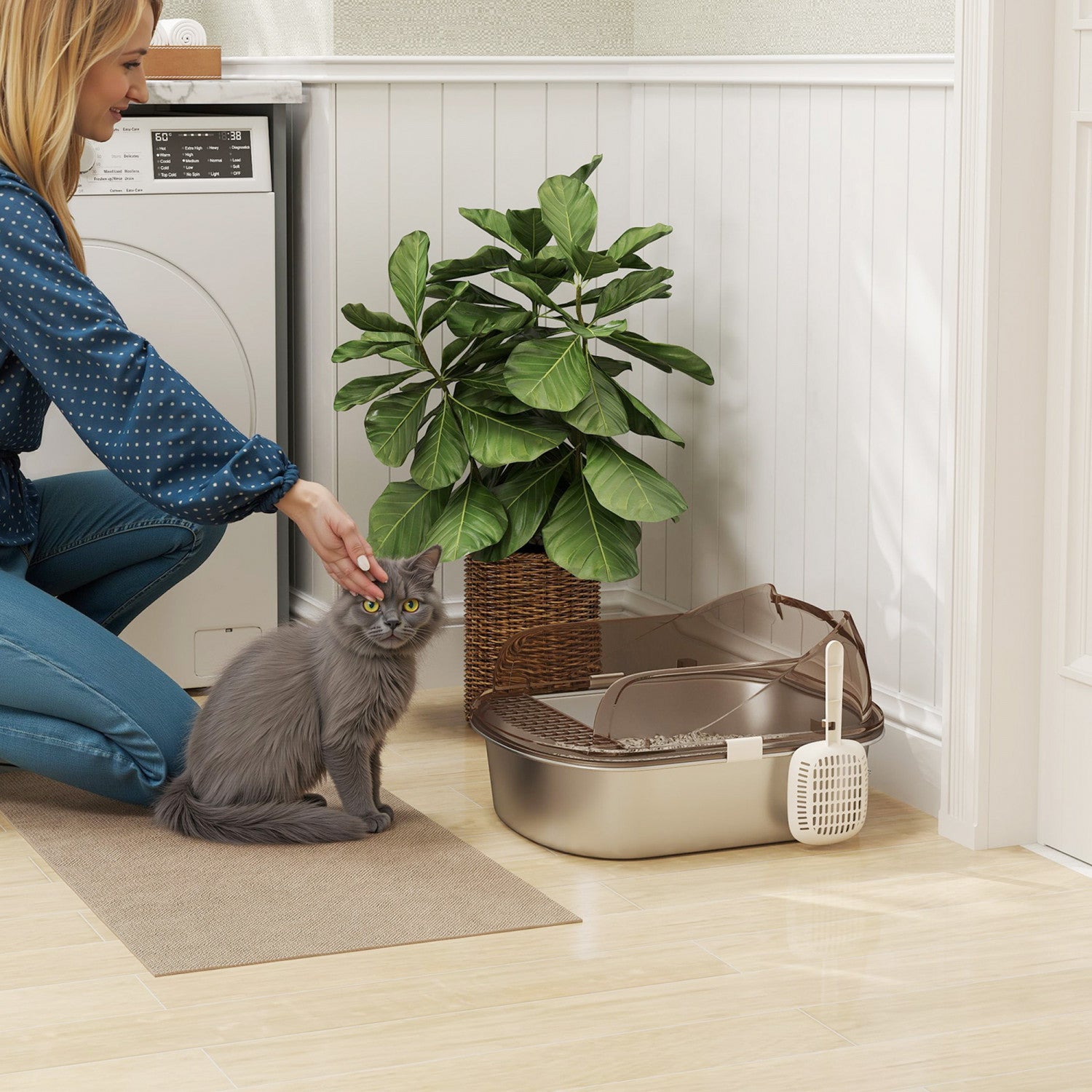 Pawhut Stainless Steel Cat Litter Box With Lid, Metal Kitty Litter ...