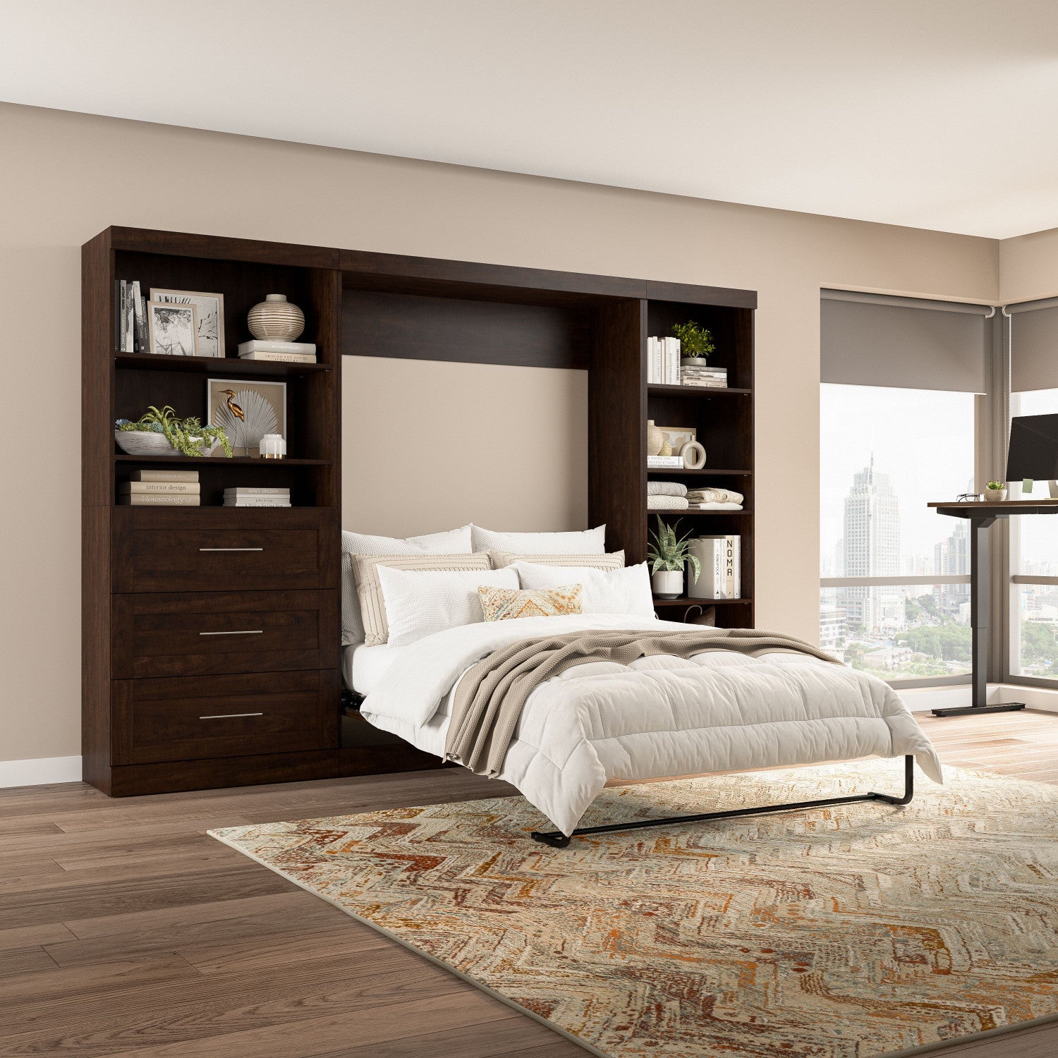Bestar Pur Full Murphy Bed with Shelving and Drawers 120 Inch Wall Bed Chocolate