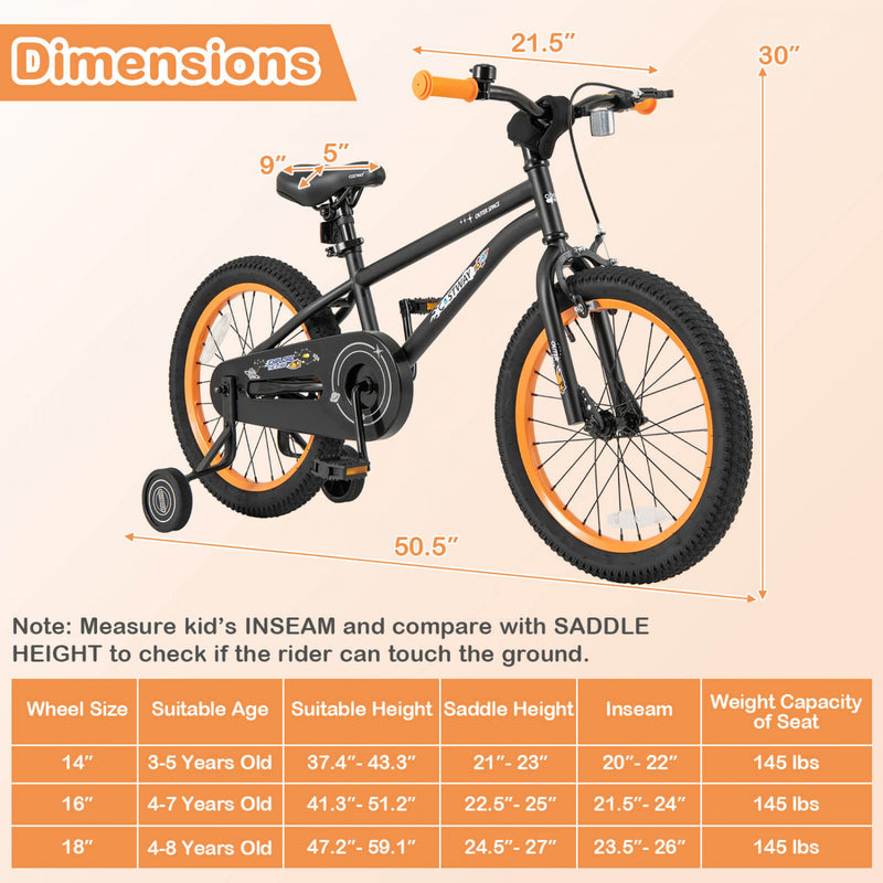 Costway 18-inch Kid's Bike For 4-8 Years Old With Adjustable Saddle ...