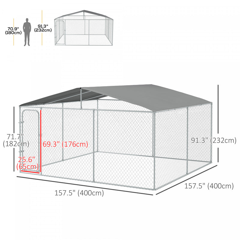 Pawhut Dog Kennel Outdoor Run Fence With Roof, Steel Lock, Mesh Sid ...