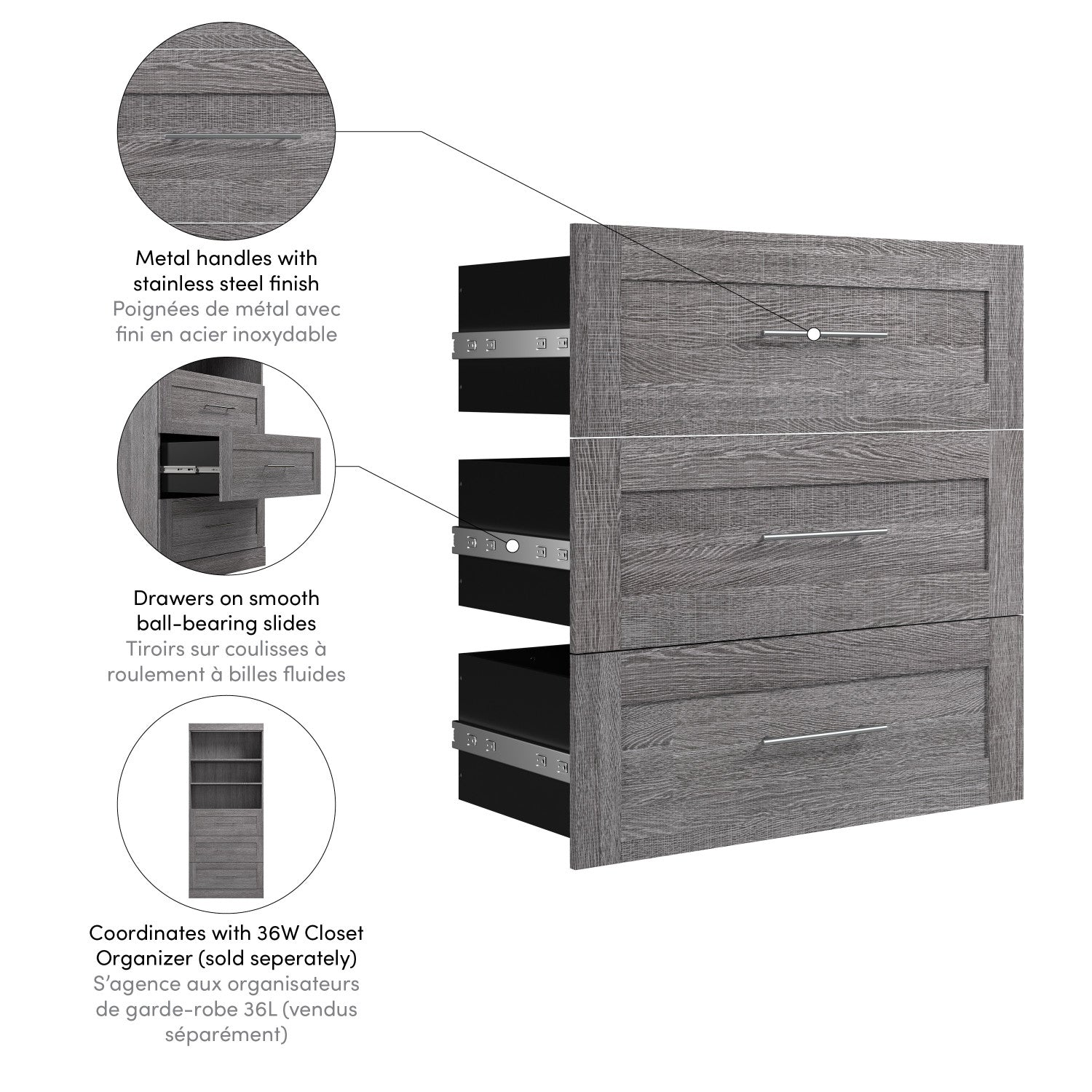 Bestar Pur 3 Drawer Set for 36 W Closet Organizer - Bark Grey - The Brick