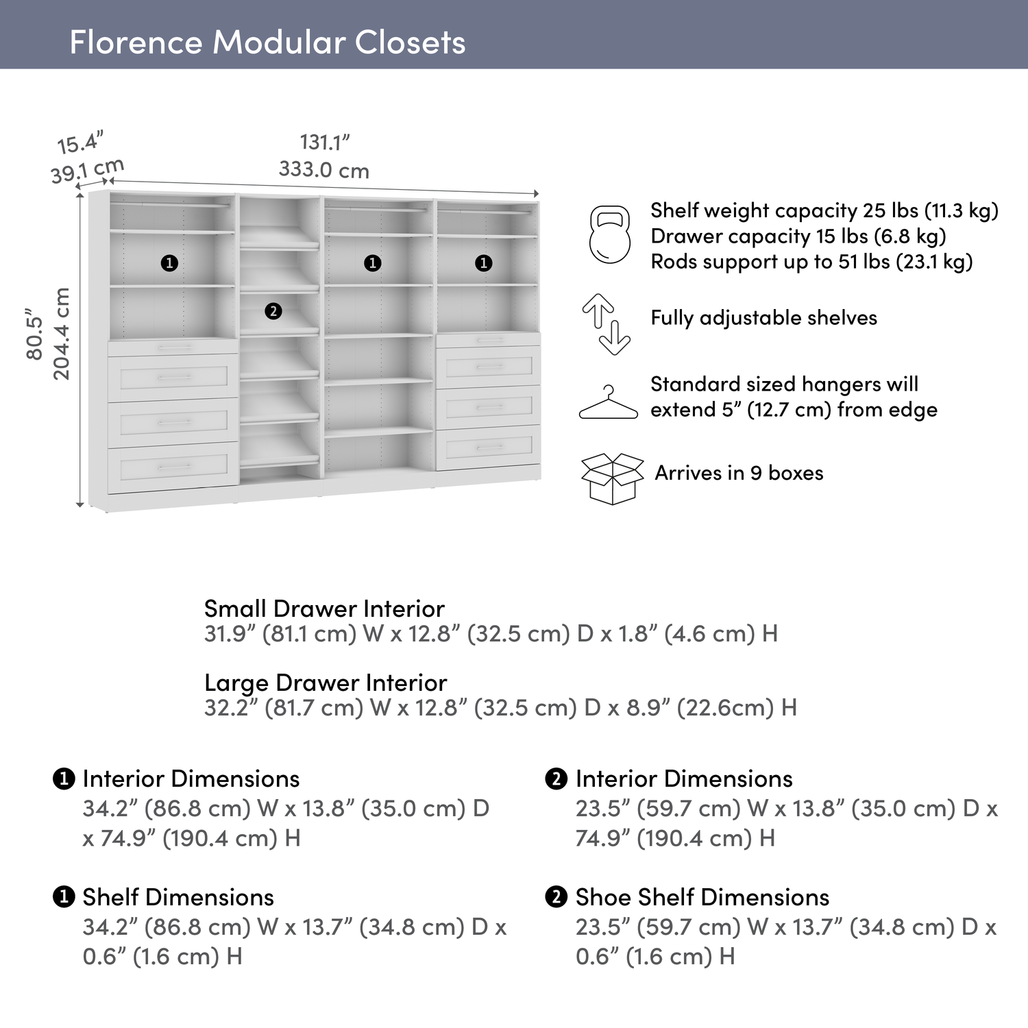 Bestar Florence 132" Modular Walk-In Closet System with Drawers and ...