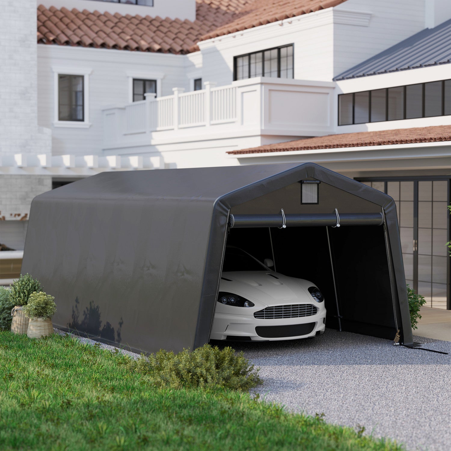 Outsunny 11' X 20' Garage Carport With Ventilation Windows, Dark Grey ...