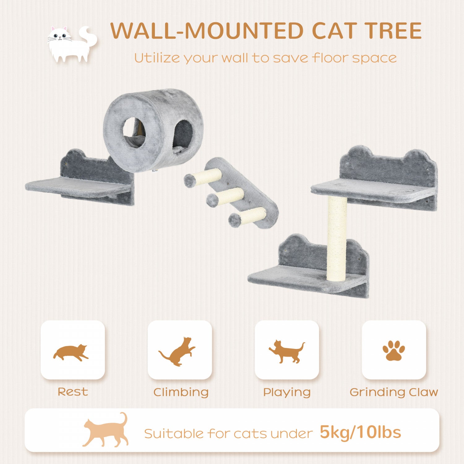 Pawhut 4 Pcs Cat Wall Shelves, Pet Wall-mounted Climbing Shelf Set ...