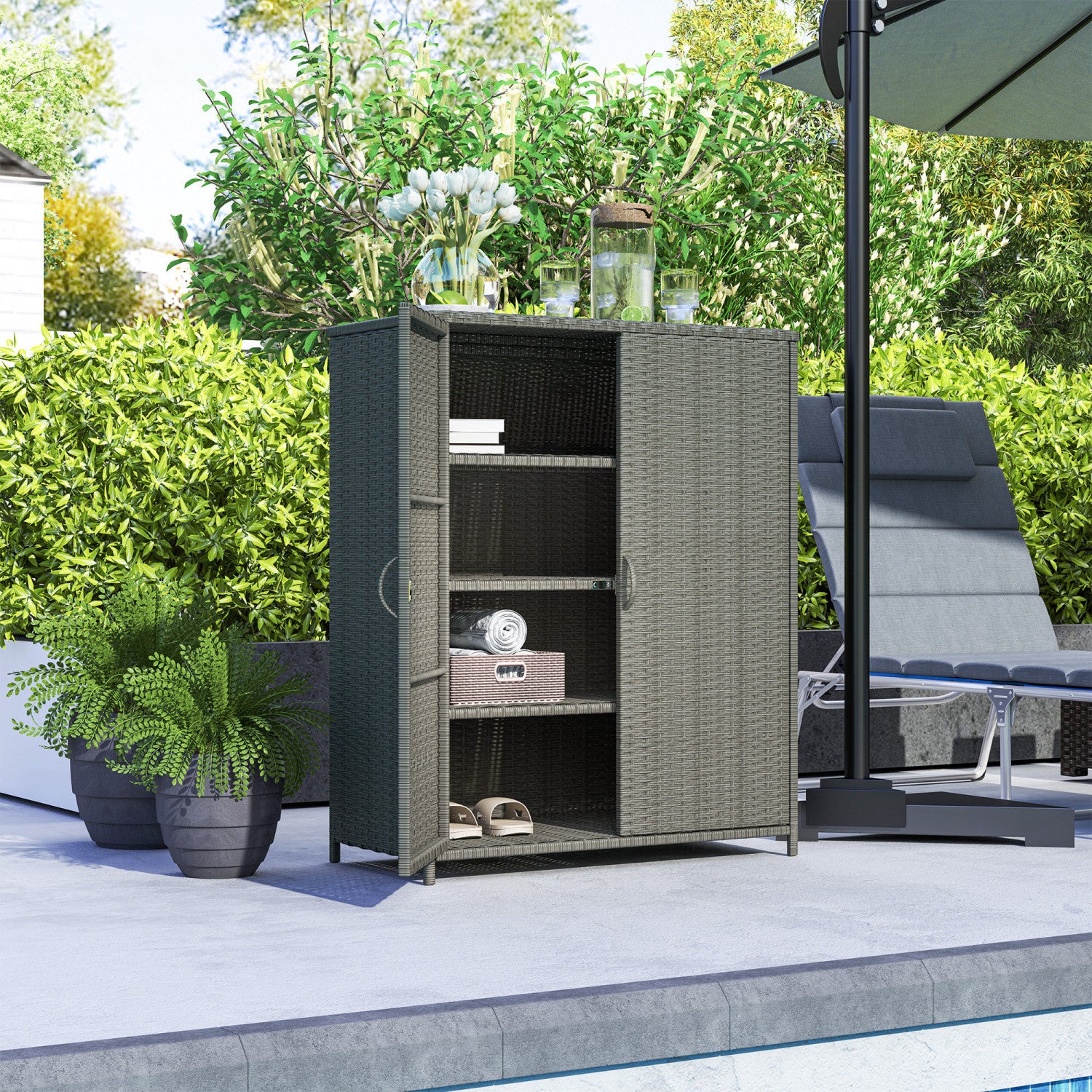 Outsunny Wicker Outdoor Storage Cabinet, 4-shelf Pool Storage, Dark ...