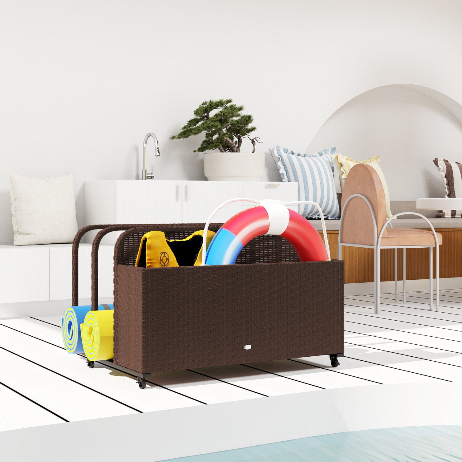 Rolling Pool Storage Rattan Outdoor Storage Wicker Organizer, Brown ...