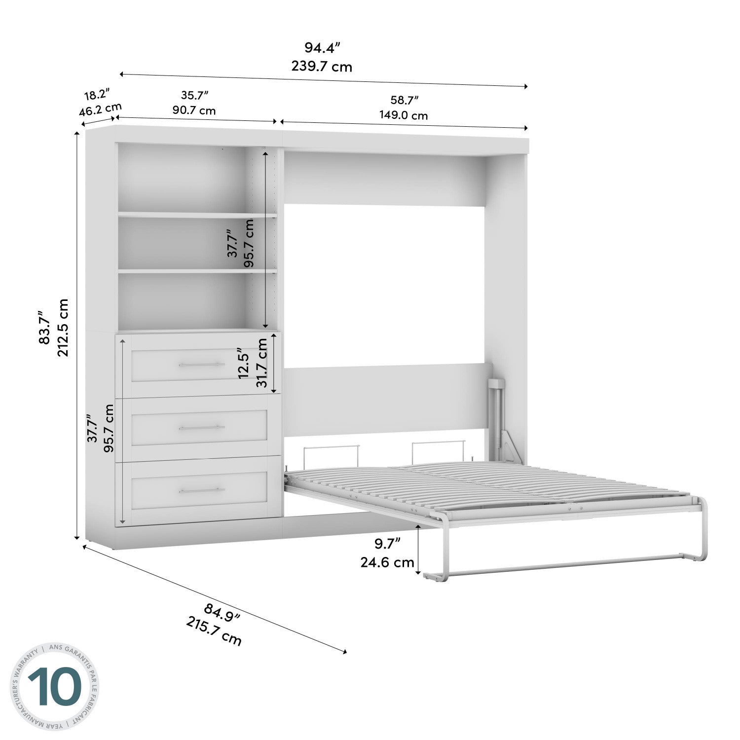 Bestar Pur Full Murphy Unit with Drawers 95-Inch Wall Bed - Rustic ...