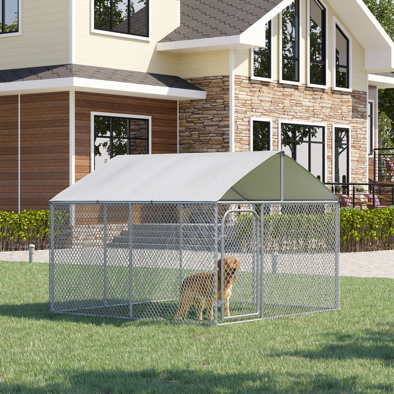 Pawhut Dog Kennel Outdoor Run Fence With Roof, Steel Lock, Mesh Sid ...