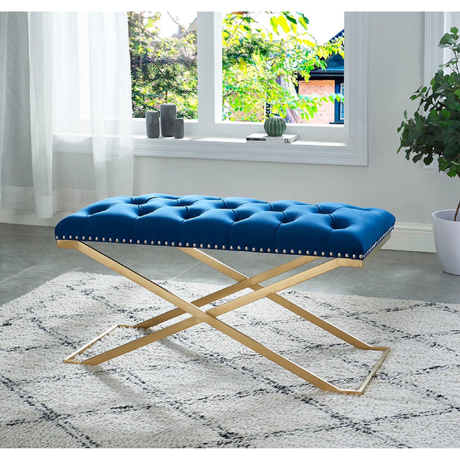 Imperial Tufted Double Bench with Silver Base Navy Blue Benches - The Brick