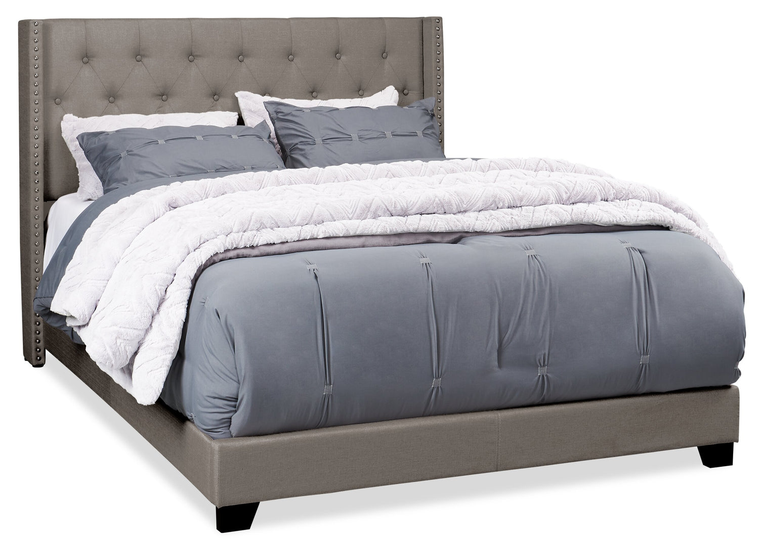 Brady Upholstered Wingback Bed in Light Grey Fabric with Nailhead D ...