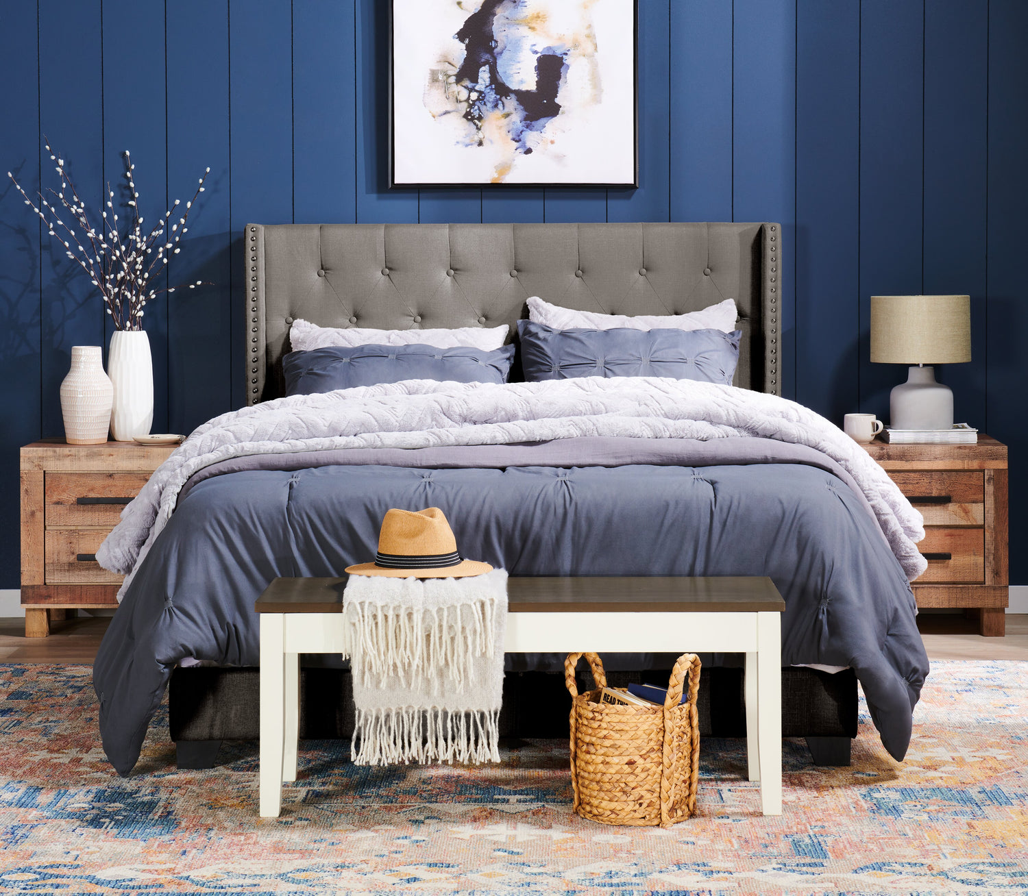 Brady Upholstered Wingback Bed in Light Grey Fabric with Nailhead D ...