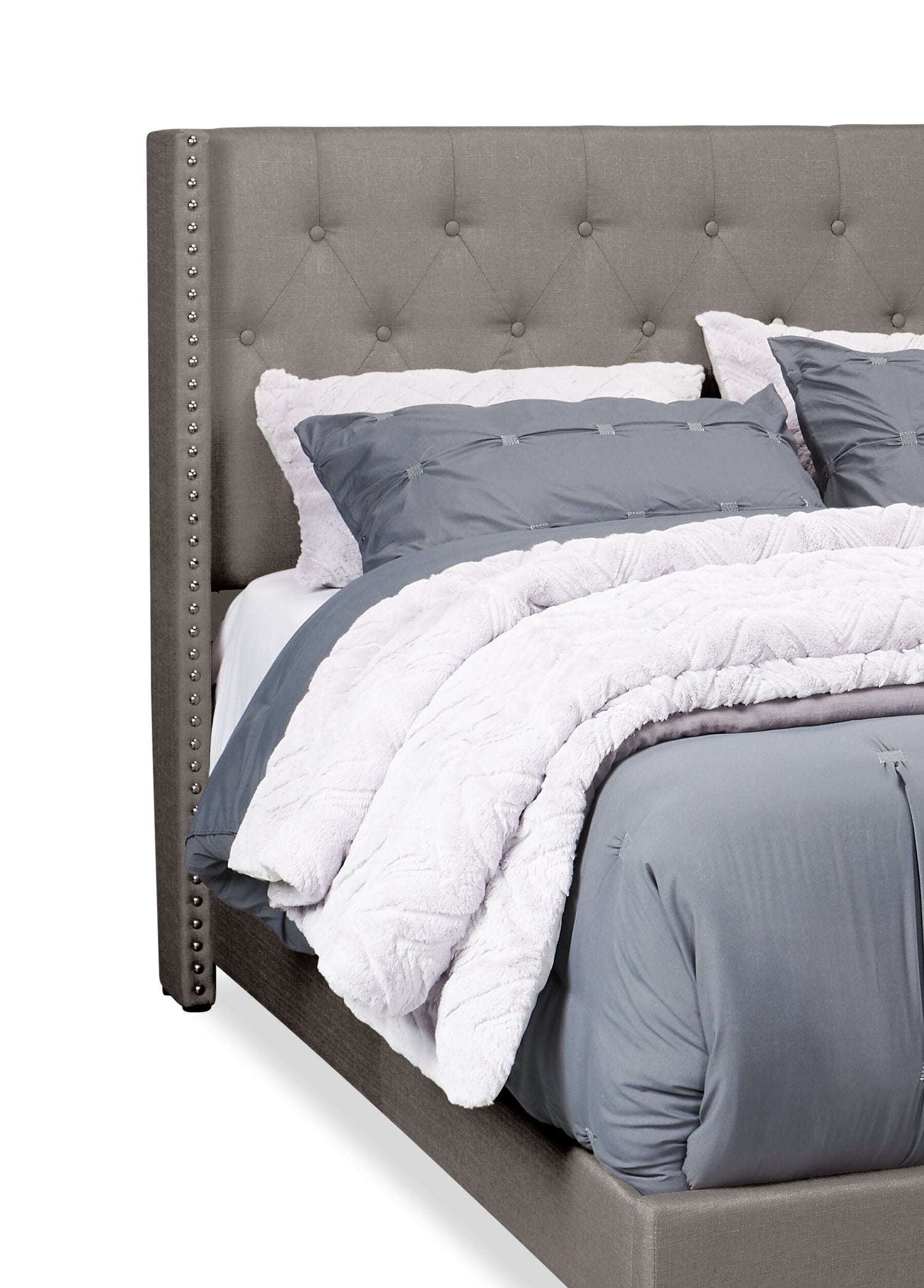 Brady Upholstered Wingback Bed in Light Grey Fabric with Nailhead D ...