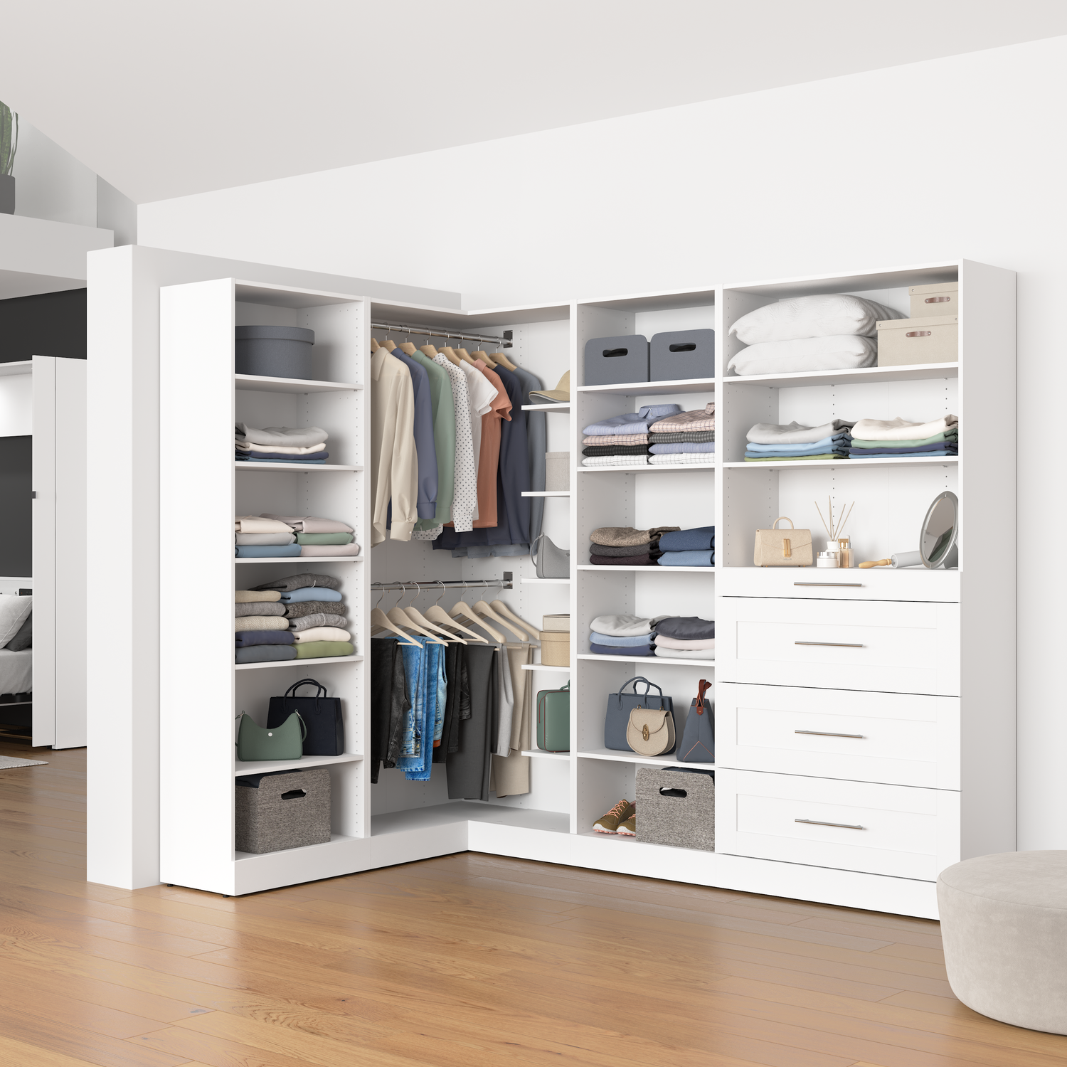 Bestar Florence 95" Modular L-Shaped Walk-In Closet System with Rod ...
