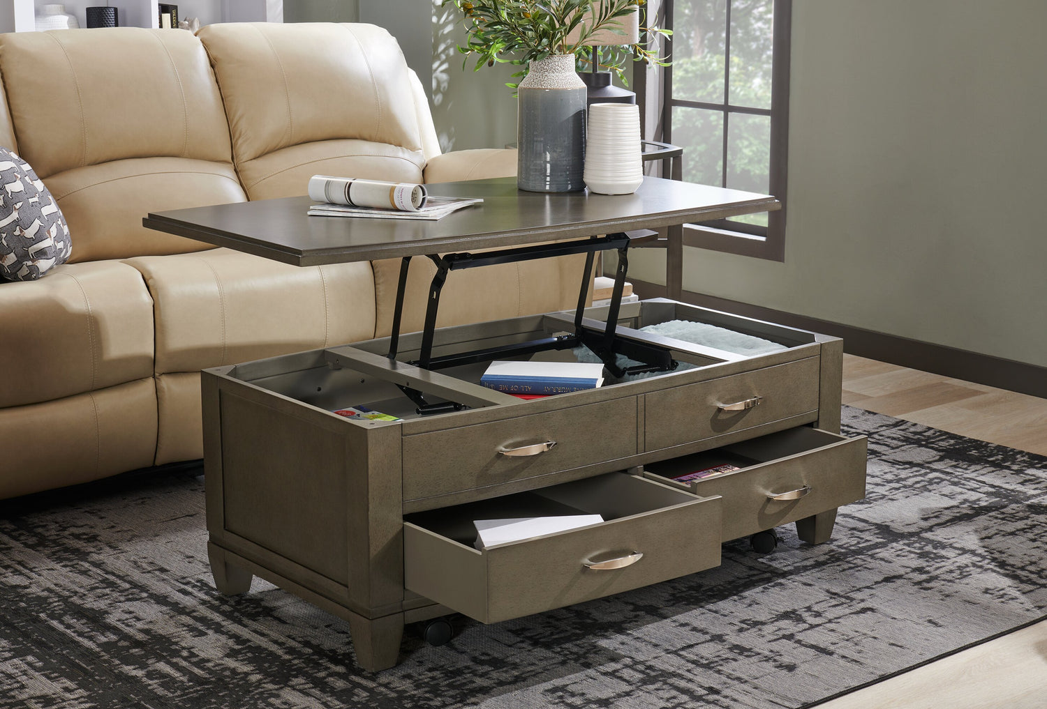 Downtown 48 Modern Lift Top Coffee Table with Storage and Casters. The Brick