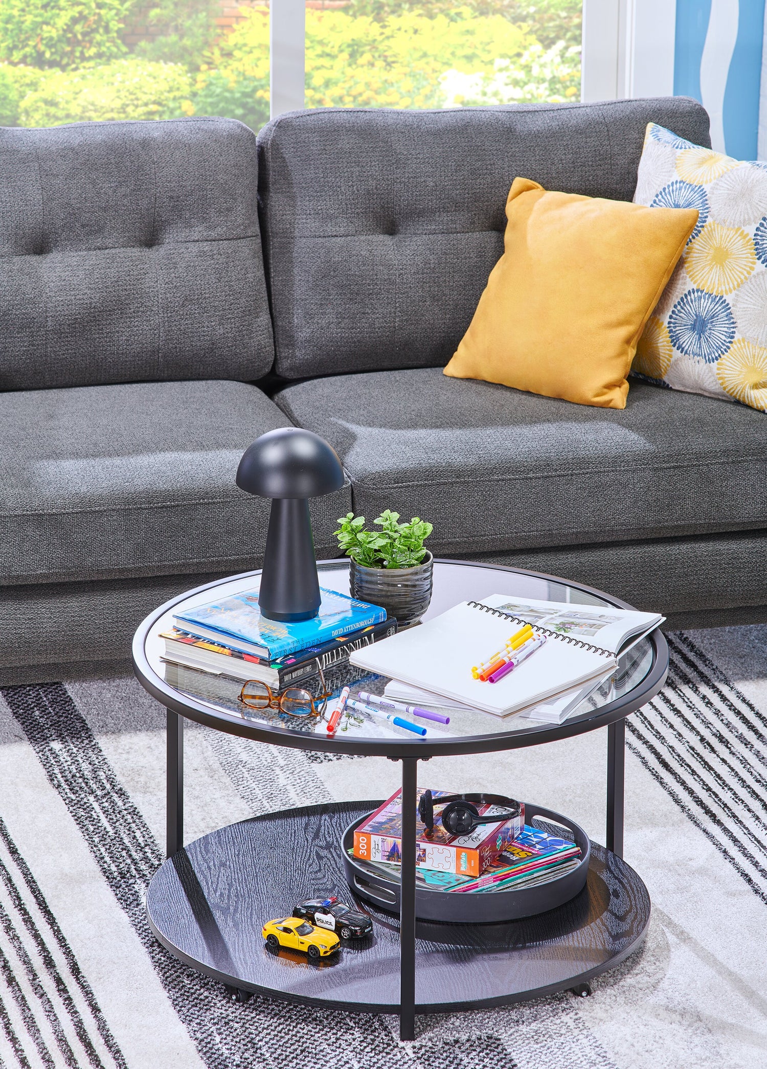 Kendal 31.5" Modern Round Glass Top Coffee Table with Casters - Black ...