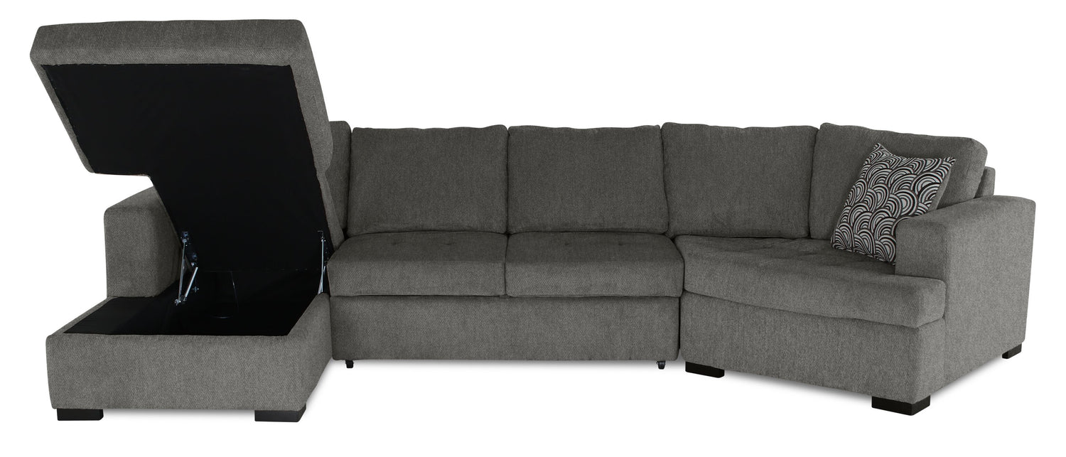 Made in Canada Legend 3 Piece Right Facing Chenille Fabric Cuddler Sleeper Sectional with Chaise Pewter Brown