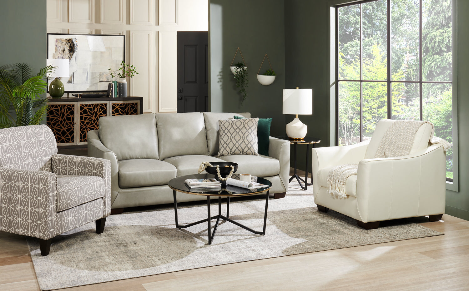Cindy Crawford Home Royce 84 Genuine Leather Sofa with Removable Cushions and Wood Legs Dove Grey