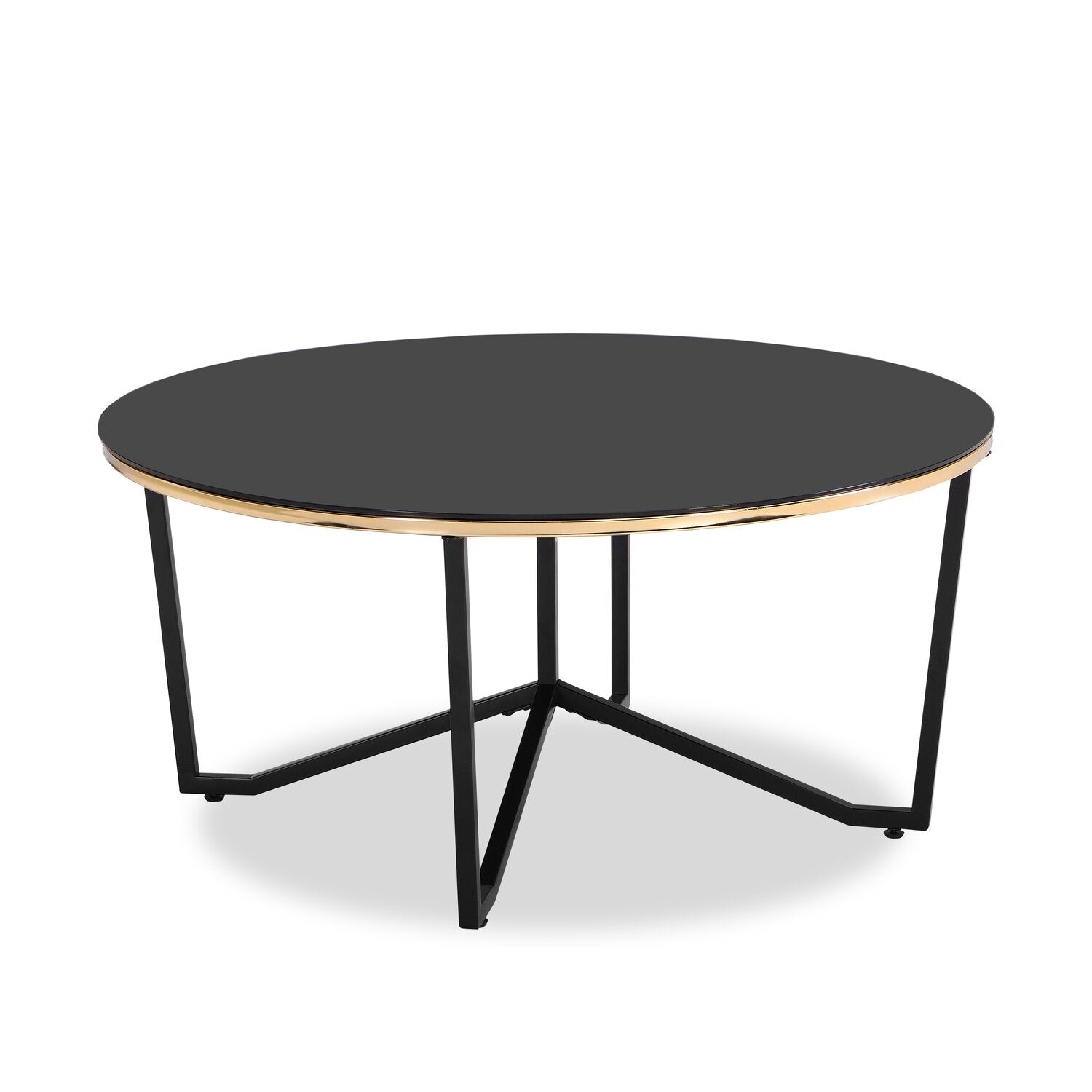 Xander 36 Modern Round Glass Top Coffee Table Black and Gold with Metal Legs