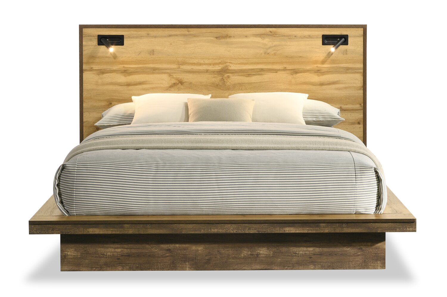 Silas Platform Bed with Headboard & Frame, LED, Rustic Brown - Quee ...