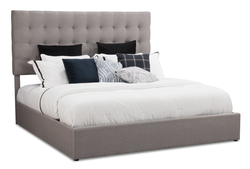 Jace Upholstered Storage Platform Bed in Taupe Fabric, Tufted - Kin ...