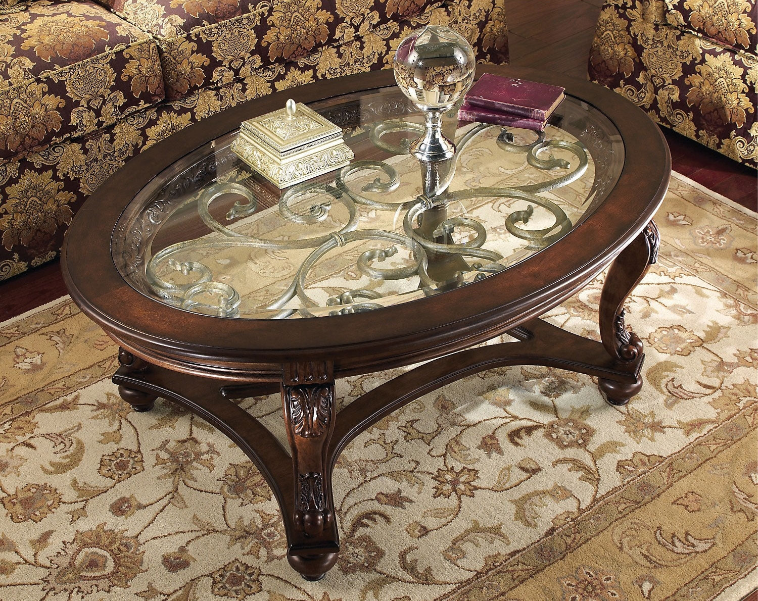 Valencia 48 Traditional Oval Glass Top Coffee Table Dark Brown W