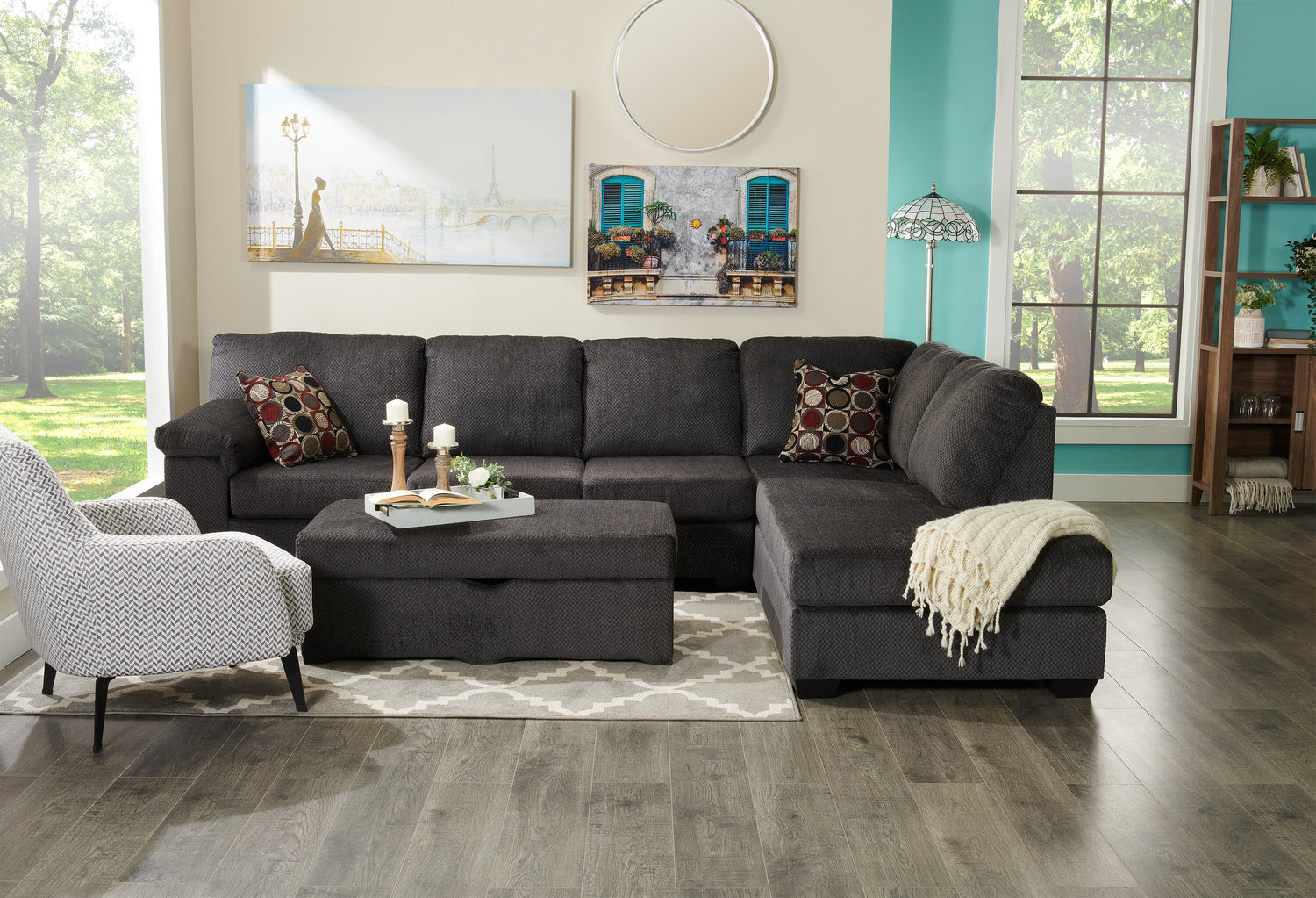 Made in Canada Morty 2 Piece Right Facing Chenille Fabric Sectional. The Brick