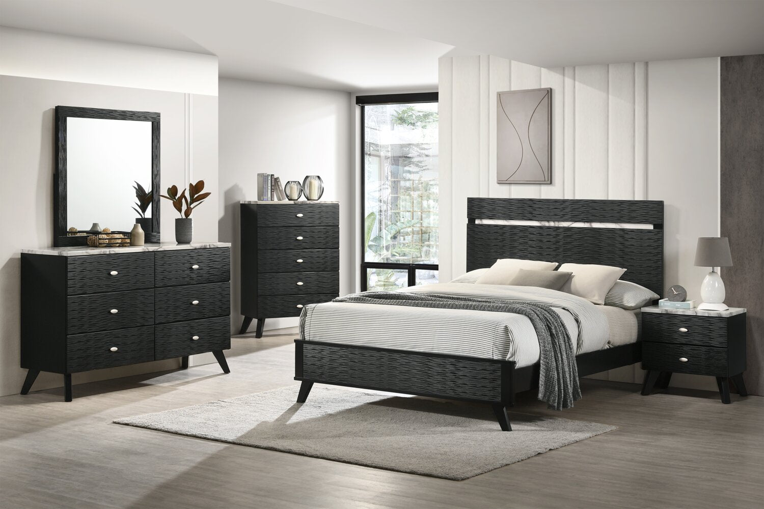 Atlas 6pc Bedroom Set with Bed Dresser Mirror Nightstand Mid C. The Brick