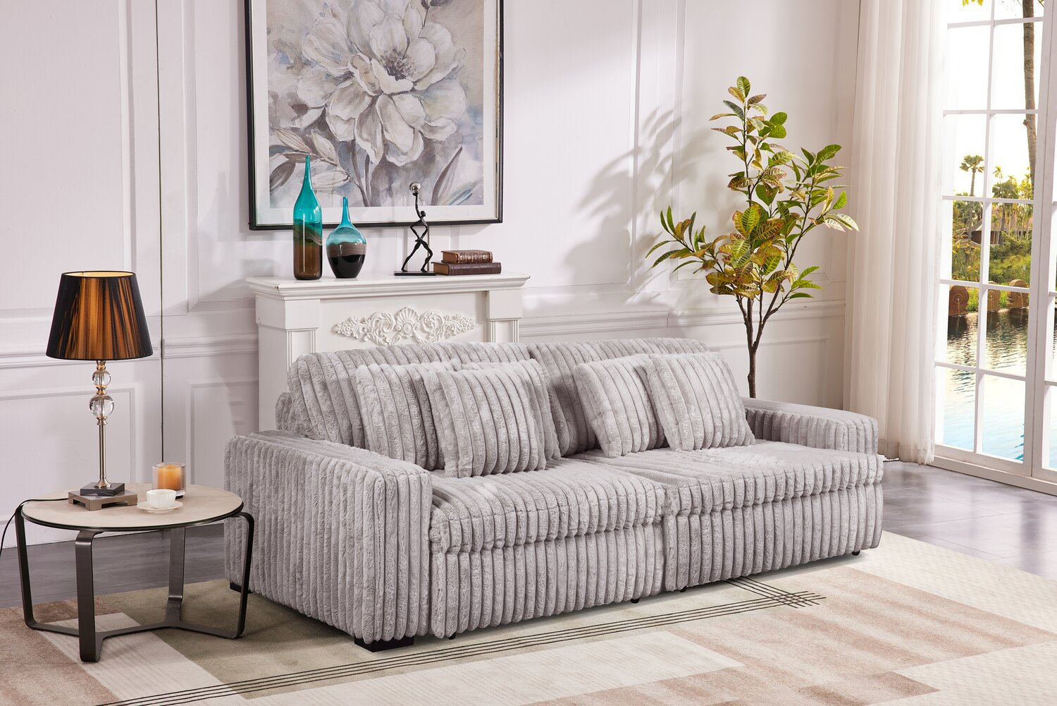 Stratus 108" Grey Faux Fur Fabric Full-Size Sofa Bed with Power Sli ...