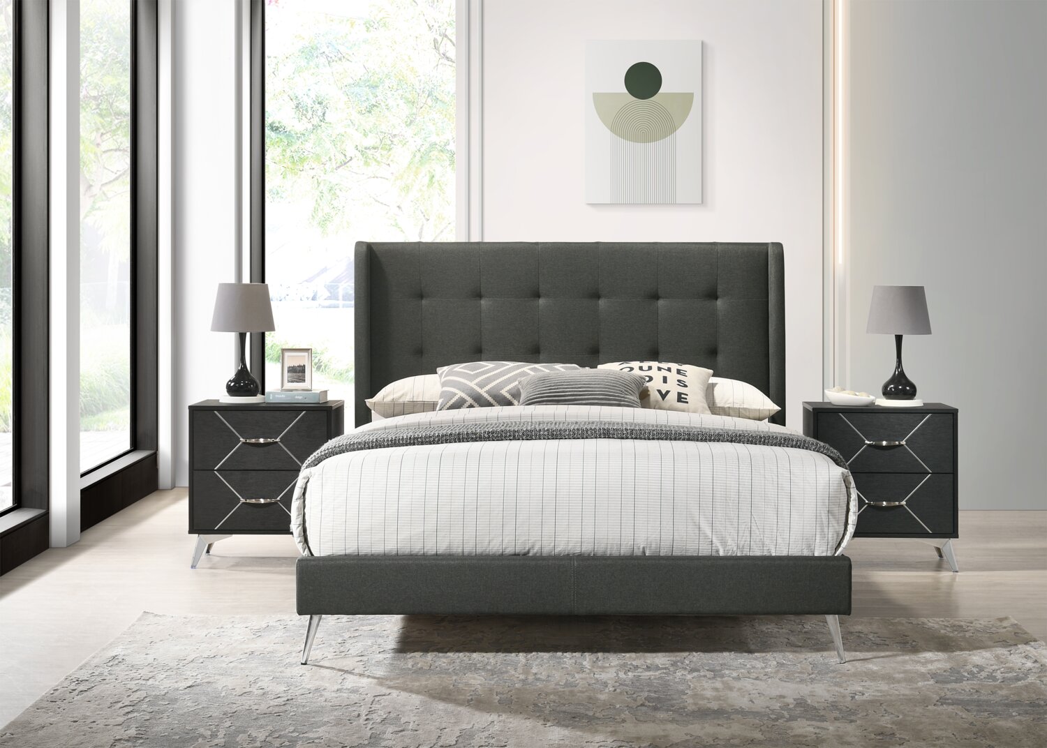 Gray upholstered wingback bed store