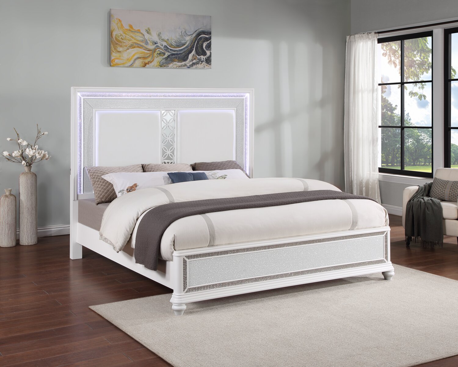 Ava Panel Bed with Headboard Frame LED Glam White King Size