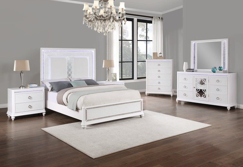 Ava 5pc Bedroom Set with Bed, Dresser & Mirror, LED, Glam, White ...
