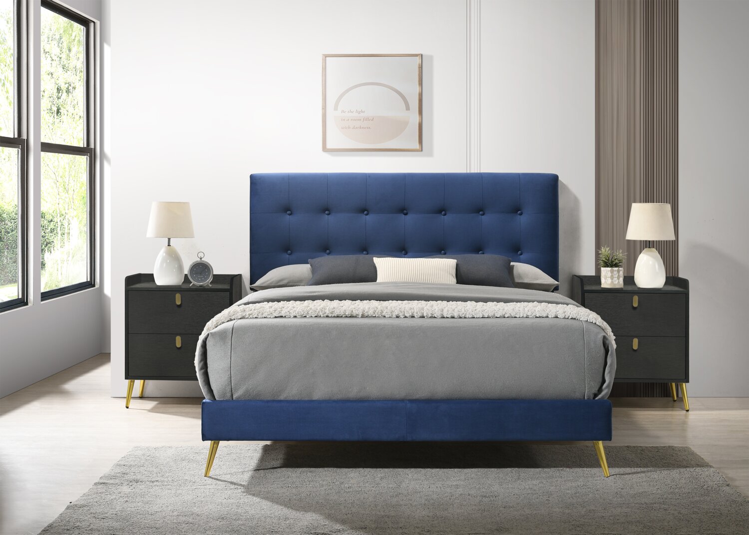 Gabi Upholstered Bed in Blue Velvet Fabric with Gold Finish Legs B. The Brick