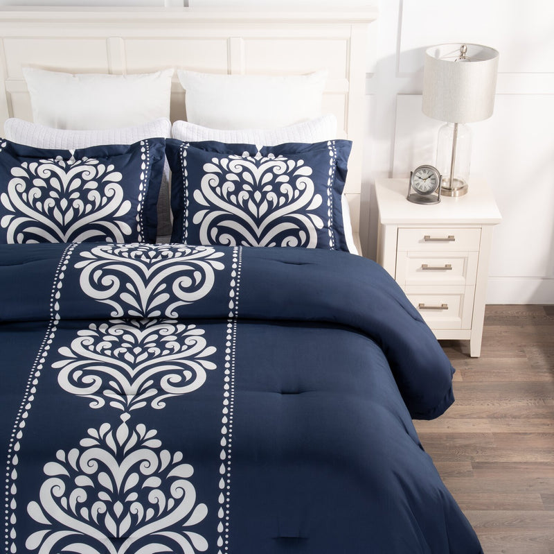 Navy Damask 3-Piece Full/Queen Comforter Set - The Brick